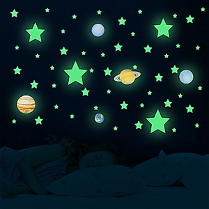 Glow in The Dark Stars and Planet Solar System Walls 109 Fluorescent Stars Stickers Decorative Kid's Bedroom Ceiling Christmas Birthday Gift for Girls and Boys