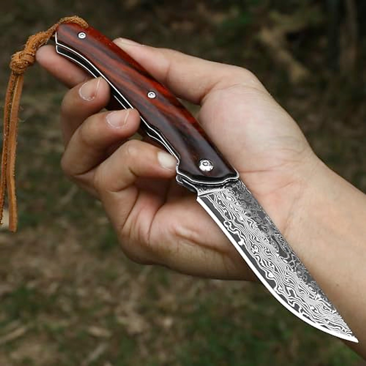 Omesio Damascus Pocket Knife with Leather Sheath for Men Women, Wooden Handle, Vg-10 Steel Damascus Folding Knife, 3.54 Inch Blade Foldable EDC Knife for Camping Fishing Hiking Hunting Gift