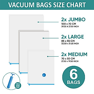 6 Space Saver Vacuum Storage Bags, Vacuum Sealed Storage Bags (2 Jumbo + 2 Large + 2 Medium) with Hand Pump, Vacuum Seal Bags for Clothing, Comforters, Pillows, Towel, Blanket Storage, Bedding