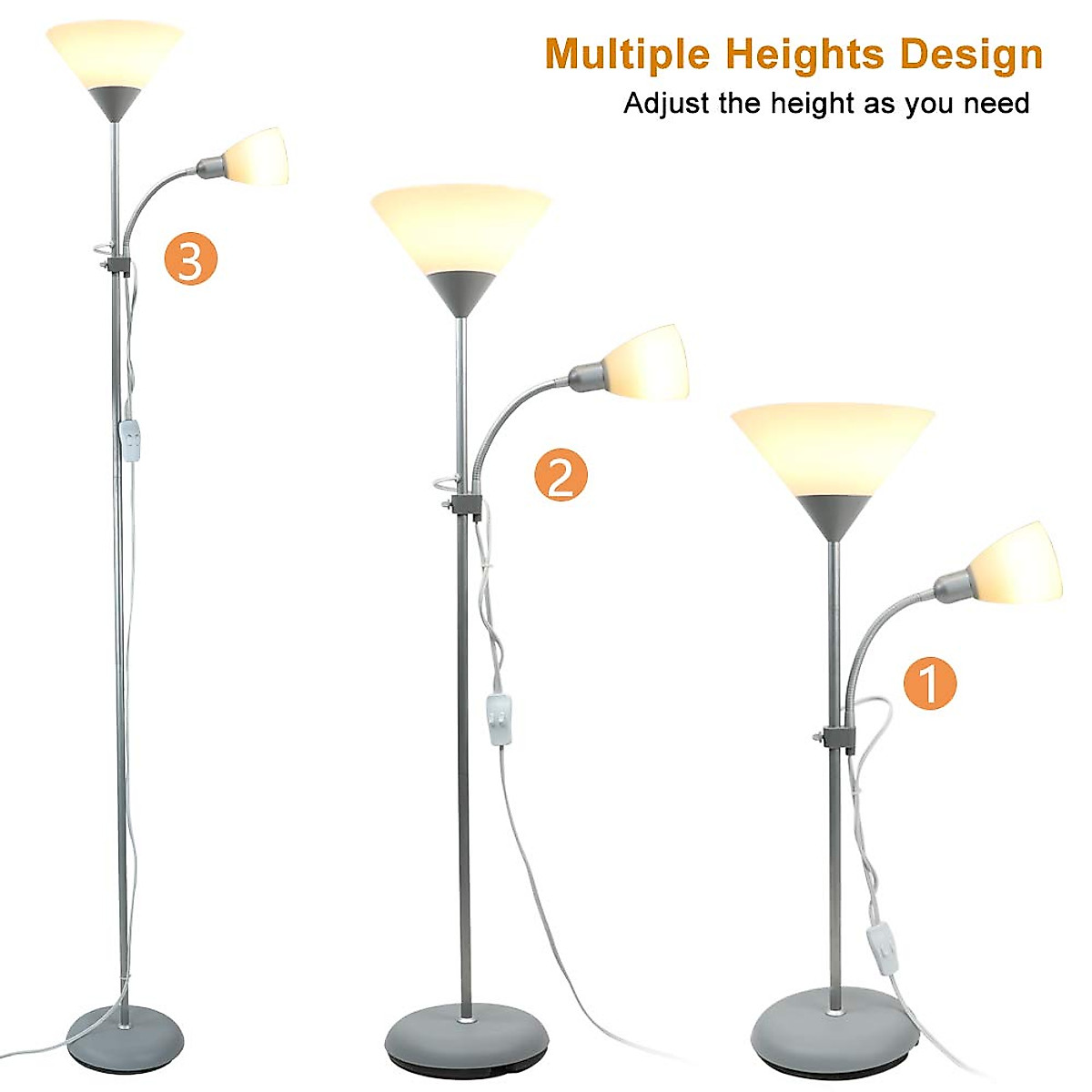 DINGLILIGHTING LED Floor Lamp DLLT Mother-Daughter Floor Lamps with Reading Lights, Modern Standing Pole Light, Torchiere Free Standing Lamp for Living Room, Bedroom, Office (Silver)