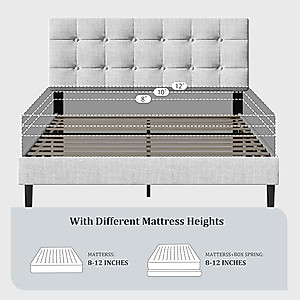 UNIZONE Queen Size Bed Frame with Button Tufted Upholstered Headboard, Linen Platform Bed with Wood Slats Support, Mattress Foundation, No Box Spring Needed, Easy Assembly, Light Grey