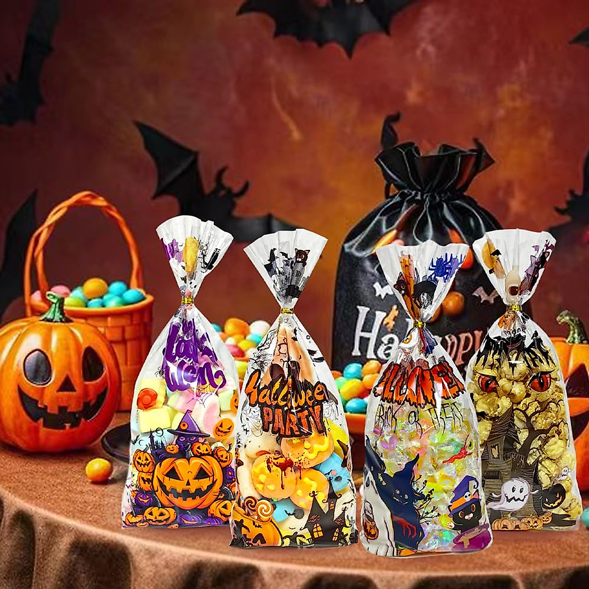 Halloween Treat Bags, Halloween Candy Bags, Halloween Cellophane Treat Bags, 60PCS Plastic Halloween Cookies Goodie Gift Bags with Ties for Halloween Trick or Treat Party Favors Supplies, 4 Style