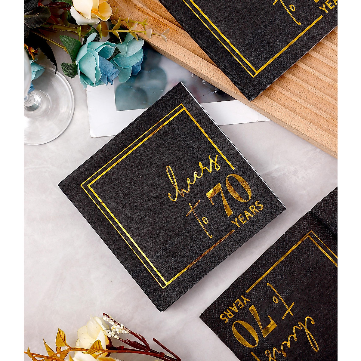 Cheers to 70 Years Cocktail Napkins - 50PK - 3-Ply 70th Birthday Napkins 5x5 Inches Disposable Party Napkins Paper Beverage Napkins for 70th Birthday Decorations Wedding Anniversary Black and Gold