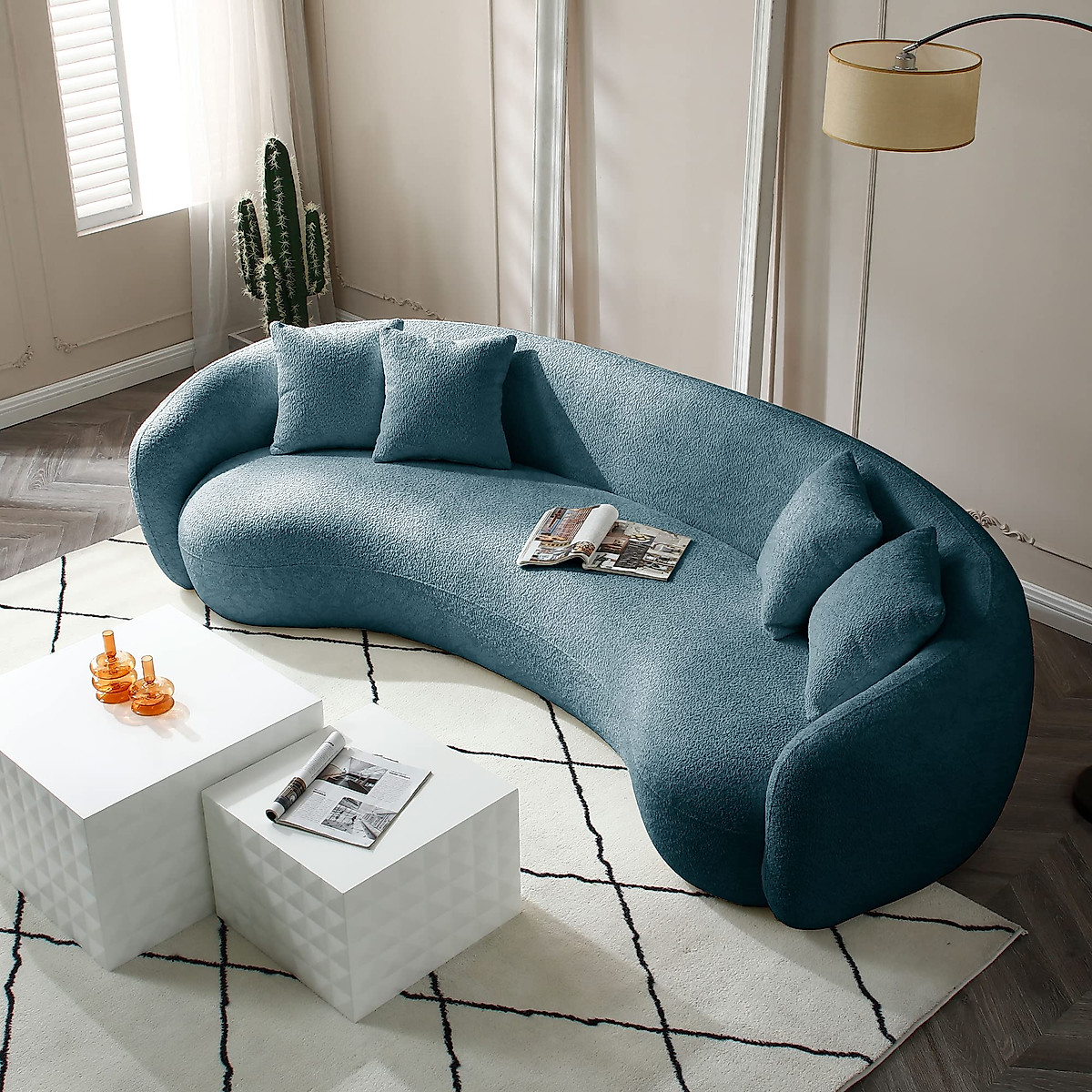 kevinplus 101'' Boucle Curved Sofa Couch for Living Room, Modern Mid-Century Cloud Upholstered Sofa Contemporary Living Room Sofa for Home Apartment Office Studio, 4 Pillows, Beige