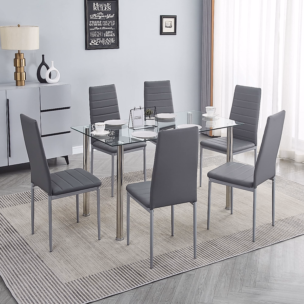 51.2" Clear Glass Dining Table for 4 People, Modern Rectangular Kitchen Table with Metal Legs