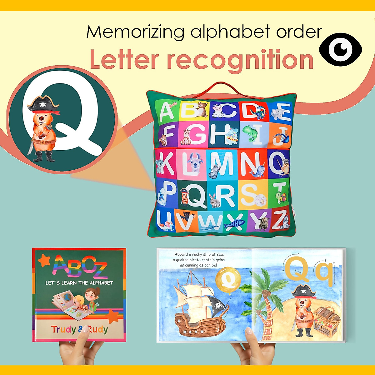 ABC Alphabet Learning Pillow Case and Book with Letter tracing, Early Childhood Education Materials and Activities for Preschooler and Toddler, Learning Toys gift for 3+ year old, Green no filling