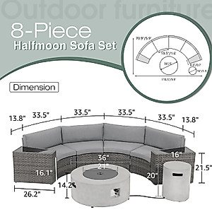 SUNSITT 8 Piece Patio Furniture Set with Propane Fire Pit Half-Moon Curved Patio Set Outdoor Sectional Sofa with 36in Grey Gas Fire Table & Tank Cover, Grey Rattan