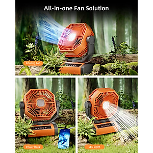MORIKO 20000mAh Camping Fan with LED Light, Rechargeable Battery Operated Fan with Remote & Hook, 270° Pivot, 4 Powerful Speeds, Quiet Portable Outdoor Fan for Tent Picnic, Beach, BBQ, Jobsite