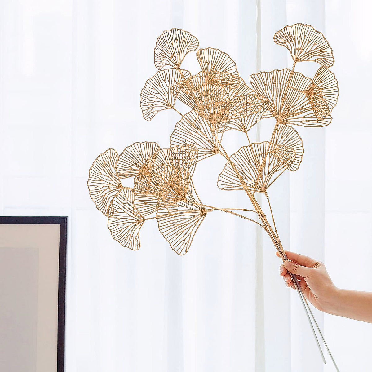 Artificial Golden Plants for Christmas Decoration Ginkgo Leaves Tall 27 Inch, Fake Plant Gold Apricot Leaf Bushes Faux Shrubs Indoor Outdoor Planter Vase Filler Home Garden Wedding Xmas Decor - 2 Pack