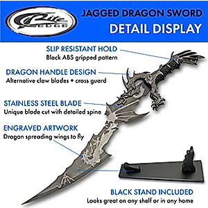 SZCO Supplies 926966 Jagged Dragon Printed Display Fantasy Sword with Wooden Display Stand, 21" Length