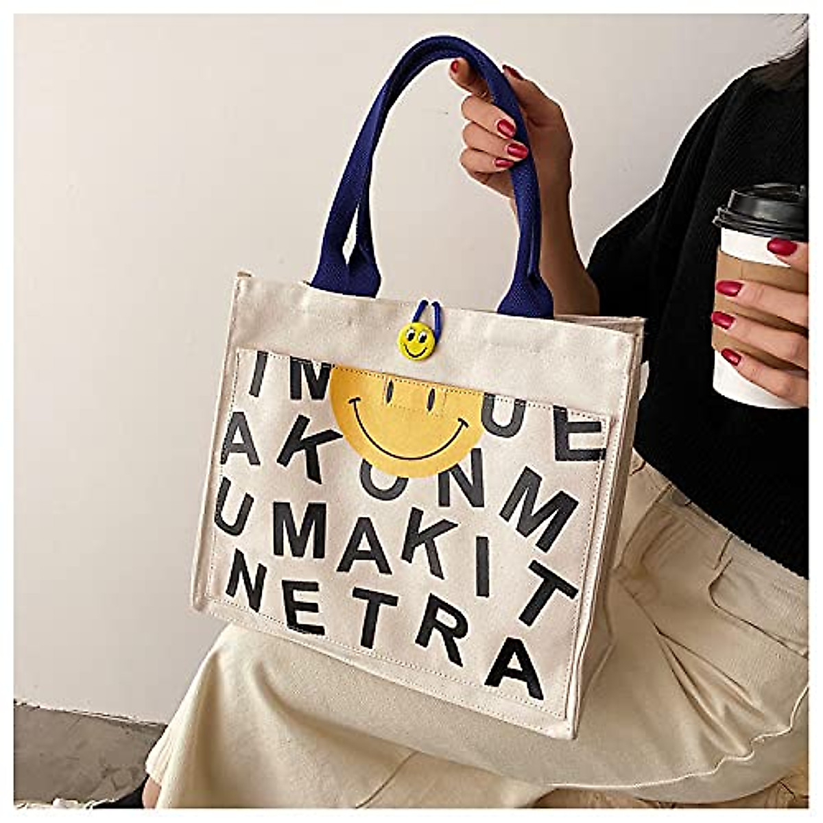 ROUGH & RAW, Tote Bag with Letter Smile Colorful Straps Shoulder Bag Canvas Single Shoulder Smile Face Bag Women`s Handbag Shopping Bags