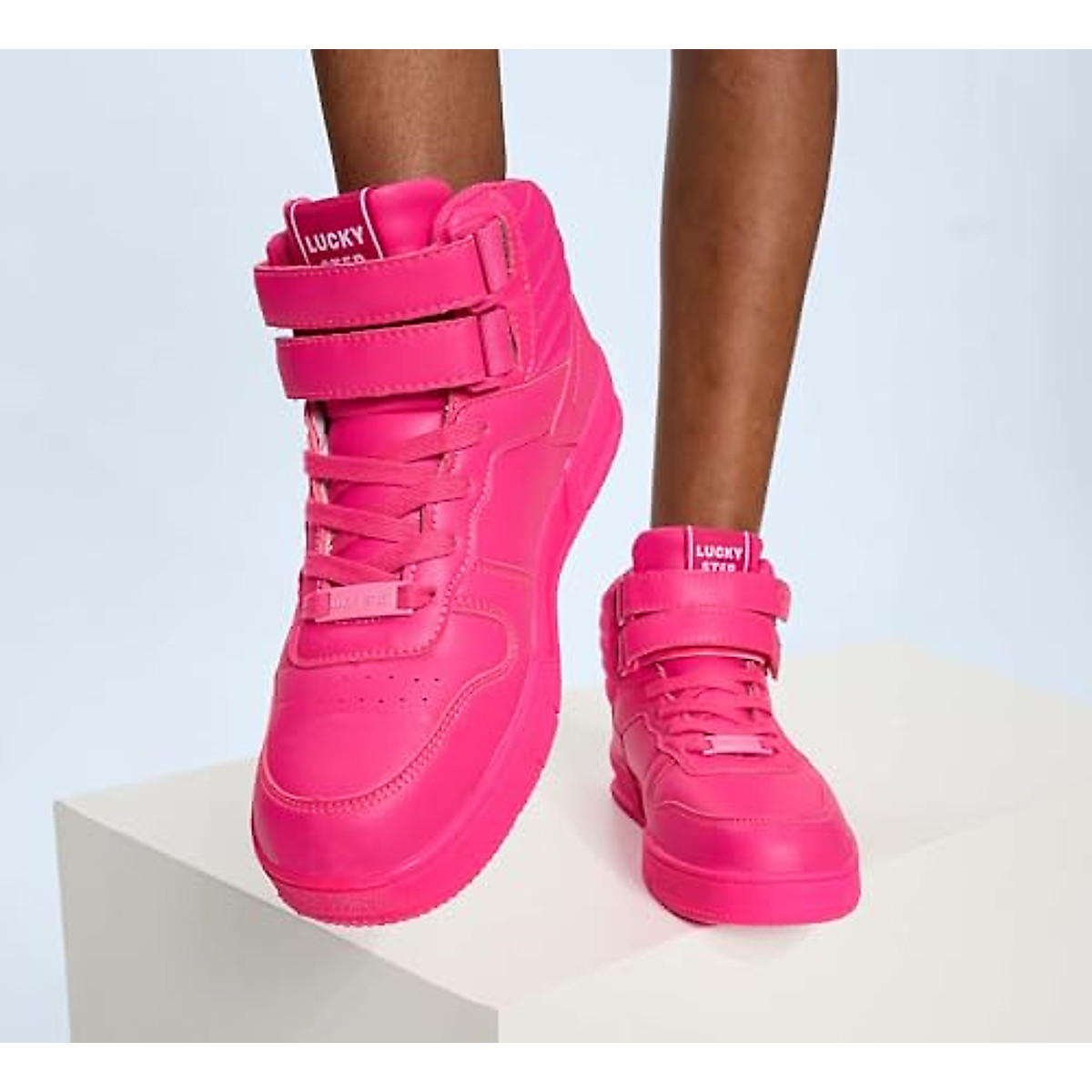 LUCKY STEP Women's High Top Fashion Sneakers Basketball Ankle Boots Walking Tennis Shoes Platform Hook and Loop Casual Faux Leather Sneaker(Hot Pink,8B(M) US)