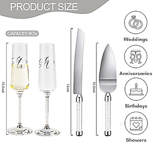 VARLKA Wedding Cake Knife and Server Set, Champagne Flutes Engraved Mr and Mrs for Wedding, Bride and Groom Toasting Flutes, Engagement Gift Wedding Reception Supplies (Clear Diamonds)