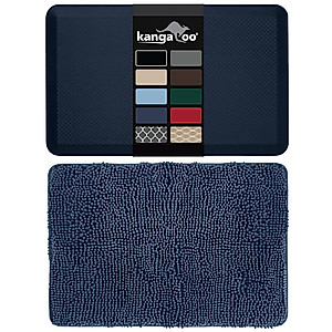 Kangaroo Anti Fatigue Cushion Mat and Chenille Bath Rug, Antifatigue Mat Size 32x20, Foam Pad Relieves Pressure, Bath Rug Size 36x24, Machine Washable, Both in Navy, 2 Item Bundle