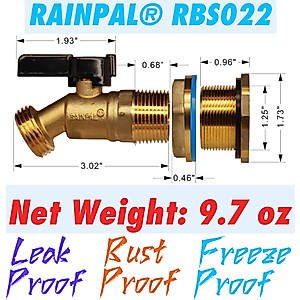 RAINPAL RBS022 Brass Rain Barrel Spigot(3/4" Quarter Turn Ball Valve w/ Bulkhead Fitting and Thread Tape)