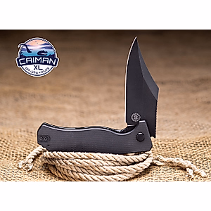 Off-Grid Knives - Caiman XL Folding Knife w. Bowie Blade, Sandvik 14C28N Steel, G10 Scales, Deep Carry Clip