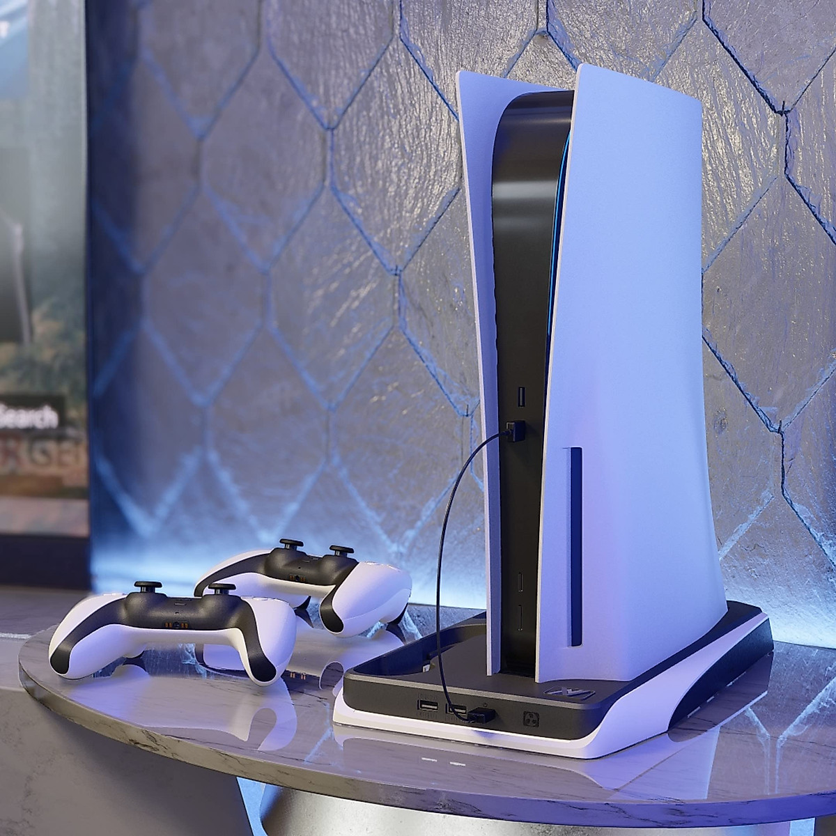 PS5 Cooling Fan Charging Docking Station, 4 in 1 Playstation Stand, Controller Charger, Cool Fan and Games Storage Tray for PS5 Console, Disk and Digital Version (White/Black)…