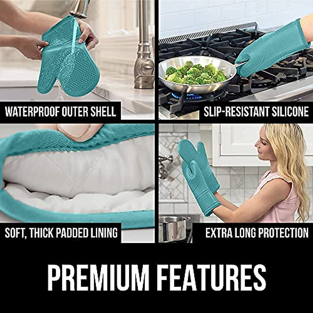 Gorilla Grip Silicone Oven Mitts Set and Silicone Dish Drying Mat, Both in Turquoise Color, Oven Mitts are Heat Resistant, Drying Mat is Size 16x12, 2 Item Bundle