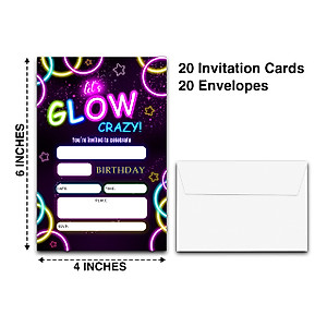 DETIHO 4" x 6" Glow Theme Birthday Party Invitation Cards With Envelopes - Let's Glow Crazy - Neon Party Invitation - 20 Sets - E22