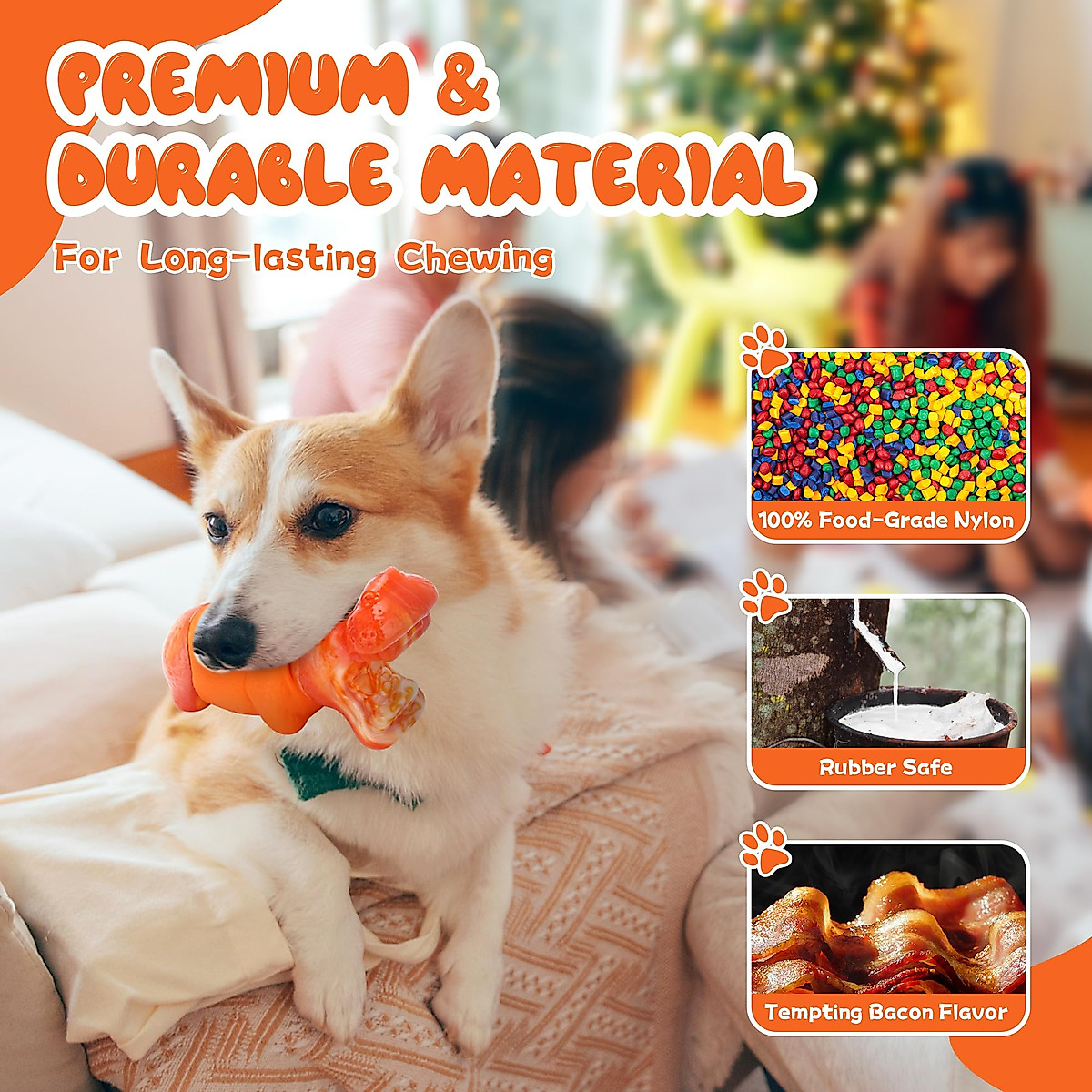 WASG PET Dog Chew Toys for Aggressive Chewers, Tough and Durable Chew Toy for Aggressive Chewers, for Medium Large Breed, Ideal Super Chewer Dog Toys with Real Bacon Flavor,Orange