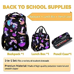 Mushroom Backpack with Lunch Box and Pencil Case Set, 3 in 1 Matching for Girls Boys Backpacks Combo, Aesthetic Bookbag and Pencil Case Bundle