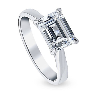 BERRICLE Sterling Silver Solitaire Wedding Engagement Rings 2.6 Carat Emerald Cut Cubic Zirconia CZ East-West Promise Ring for Women, Rhodium Plated Size 7