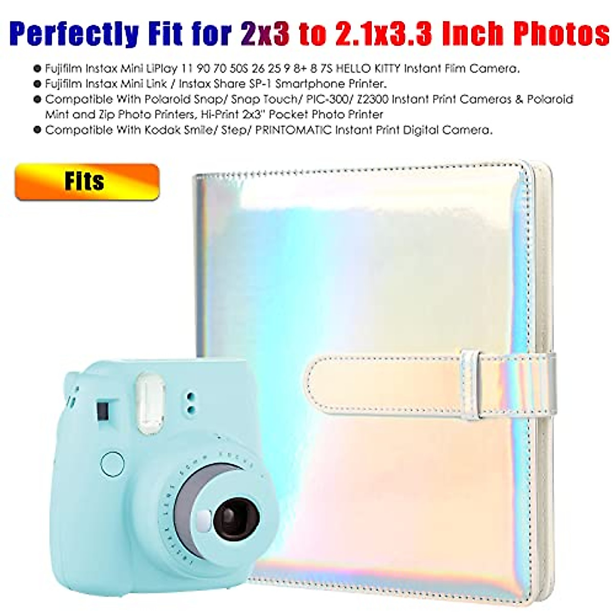 256 Pockets Photo Album for Fujifilm Instax 11 12 9 40 Mini Camera, Polaroid Camera, Photo Album for Fujifilm Instax Mini Evo Liplay 90 8 7+ Instant Camera, Polaroid HP Zink 2x3" Photos (Magic Silver)