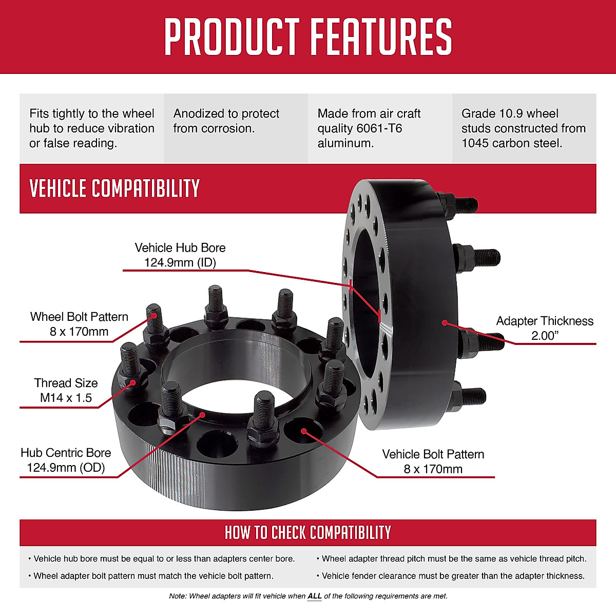 Wheel Accessories Parts 2 Pcs Hub Centric Wheel Spacers 8 on 170mm 2" Thick M14 x 1.5 Thread Stud 124.9mm Hub Fits 2003+ Ford F250 F350 Super Duty Single Rear Wheel | 03-05 Dually Rear Wheel Front