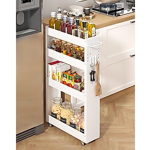 OKZEST Slim Storage Cart, 4-Tier Narrow Rolling Kitchen Laundry Cart on Wheels, Utility Metal Narrow Bathroom Storage Cabinet Organization Shelf for Small Spaces Between the Washer and Dryer, 5" Width
