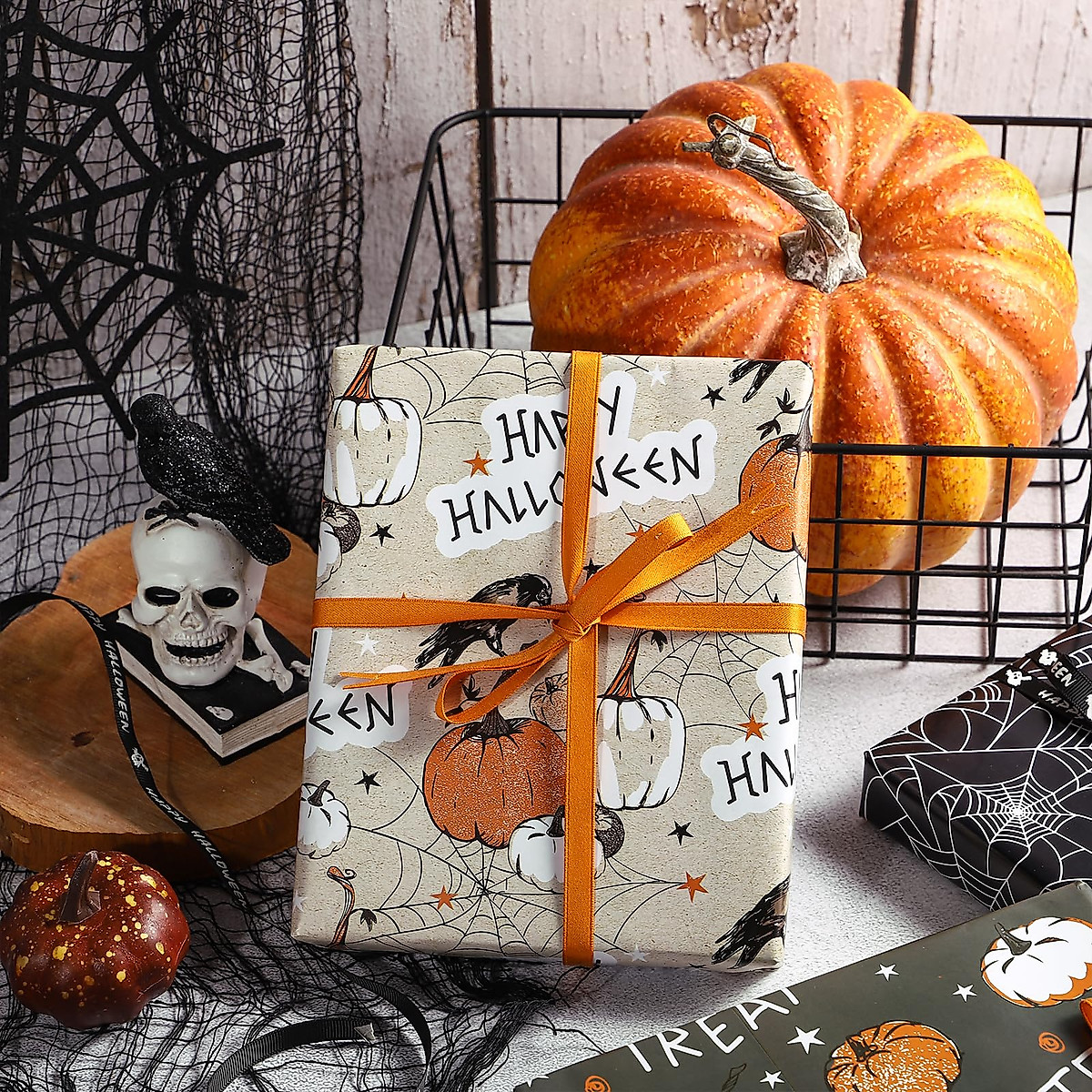 LeZakaa Halloween Wrapping Paper Roll - Mini Roll - Spooky Design with Pumpkins, Ravens, Spider Webs for Gift Wrap, DIY Craft - 17 x 120 inches - 3 Rolls (42.5 sq.ft.ttl.)