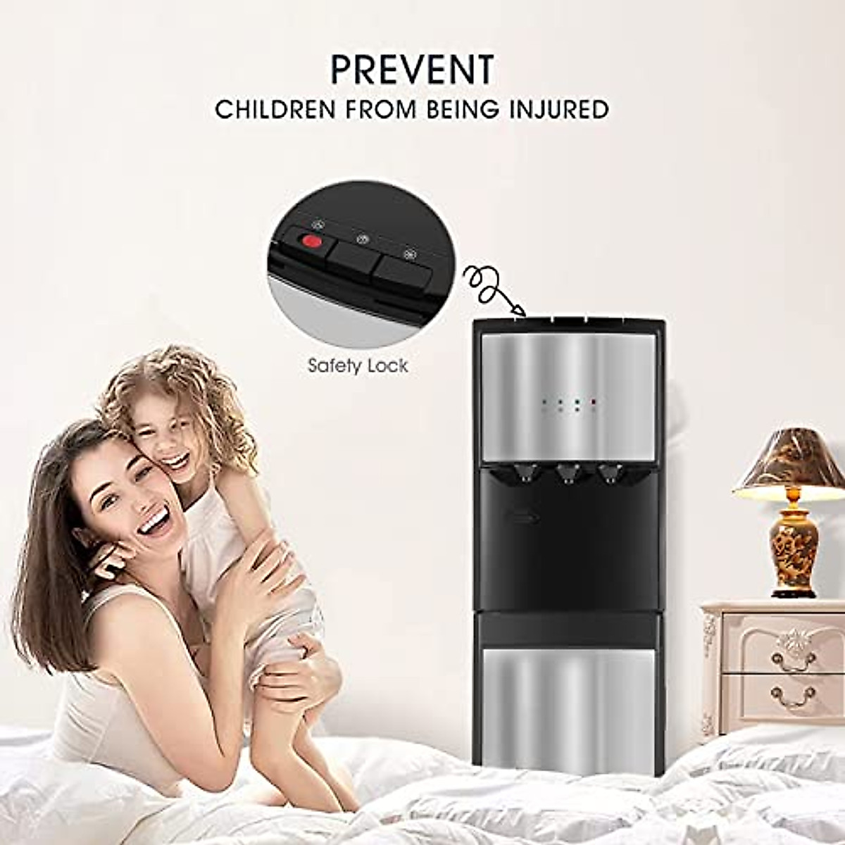 Bottom Loading Water Dispenser 5 Gallon,Hot Cold and Room Water Cooler with 3 Temperature Spouts, Empty Bottle Indicator Child Safety Lock Stainless Steel Black Home and Office Use