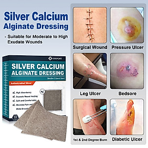 Ceeport Ag Silver Calcium Alginate Wound Dressing Pads 3'' x 3'' (Pack of 10), Soft Highly Absorbent Silver Wound Dressing, Non-Adhesive Dressing for Wound Care, Painless Removal Gauze Pads for Wounds