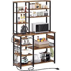 Rolanstar Baker's Rack, 60.9inch 10-Tier Kitchen Utility Storage Shelf with 15 Hooks, Large Kitchen Rack with Power Outlet, Microwave Oven Stand, Stable Coffee Bar, Rustic Brown