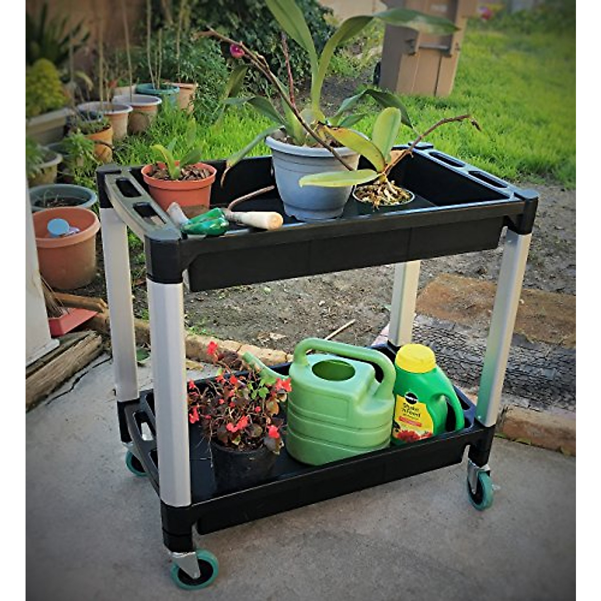 MaxWorks 80384 Black and Gray Two-Tray Service/Utility Cart With Aluminum Legs And 4" Diameter Swivel Castors