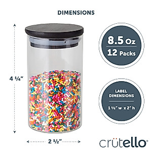 Crutello 12 Pack 8.5 Oz Spice Jars with Black Bamboo Lids for your Pantry, Dishwasher Safe Jars with Black Lids and Labels for Spices, Honey, Beans, Rice, Nuts