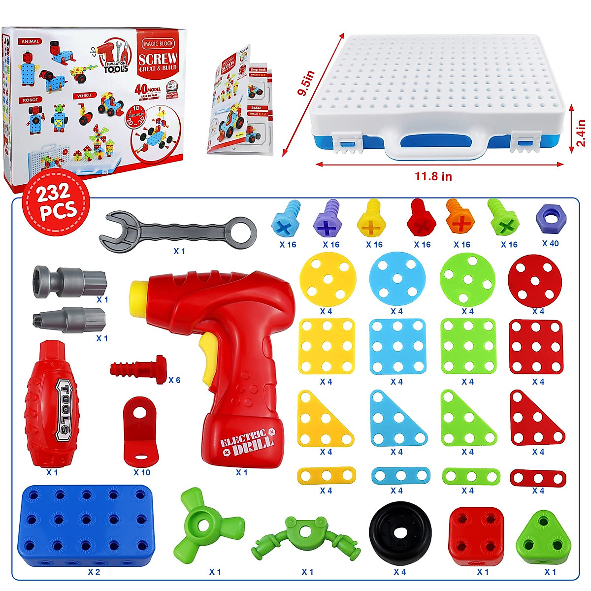 STEM Toys 232 Pcs Drill Set Building Blocks, DIY Educational Construction Engineering Toys, Creative Mosaic Electric Drill Set Gift for Age 3-8 Years Old Boys Kids, Girls
