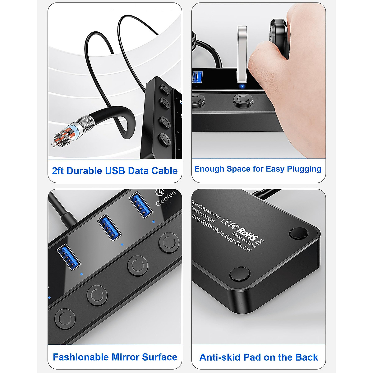 Qeefun 4-Port USB Hub 3.0, Individual LED Power Switches USB Extension 2ft USB Extender 5V/3A USB Adapter for Laptop, PC, USB Flash Drives, and More……