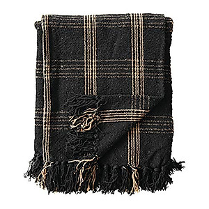 Creative Co-Op Plaid Black & Tan Fringed Woven Cotton Blend Throw 60 inch x50