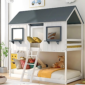 House Bunk Bed Twin Over Twin Kids Bunk Bed Wood Frame with Roof, Window, Safety Guardrails and Ladder, for Girls Boys- White