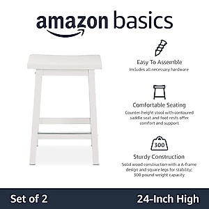 Amazon Basics Solid Wood Saddle-Seat Counter Height Kitchen Island Barstool, 24-Inch Height, White - Set of 2
