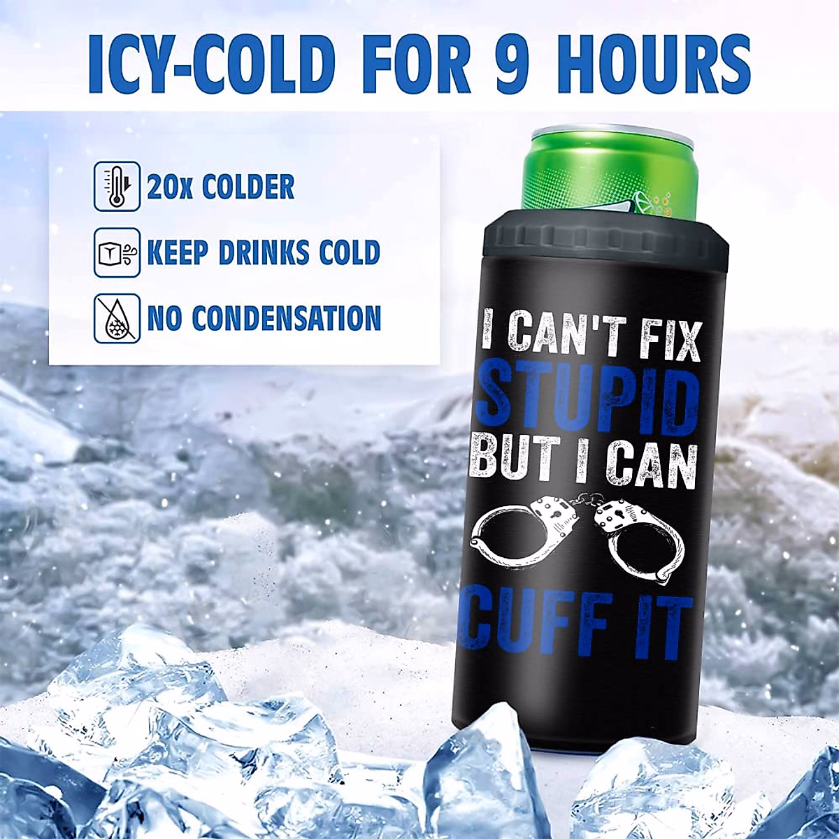 SANDJEST Police Tumbler American Policeman 4 in 1 16oz Tumbler Can Cooler Coozie Skinny Stainless Steel Tumbler Gift for Police Man Dad Father Boy Friends Retirement Birthday Party