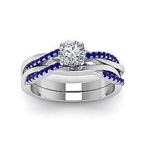 CaratYogi Infinity Twist Diamond Matching Set Sterling Silver Created Blue Sapphire Round Shape Blue Color Wedding Ring Sets Prong Setting in Size 6 Party Wear Daily Wear Ornament