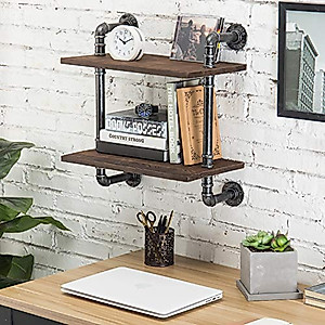 MyGift Industrial Pipe Shelf, 17-Inch Black Metal Pipe & Rustic Brown Wood 2-Tier Wall Mounted Steampunk Shelving Unit