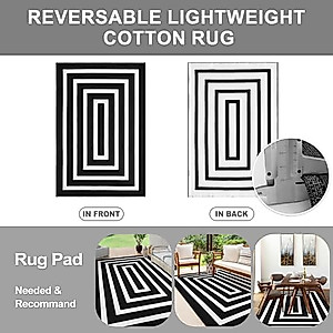Lahome Black and White Outdoor Rug, Area Rug 6x9 Indoor Outdoor Patio Rug Washable Woven Cotton Rug for Living Room, Large Farmhouse Geometric Outdoor Rug 6x9 Floor Carpet for Dining Backyard