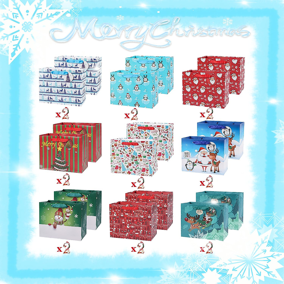 Elephant-package 18 Pack Christmas Gift Paper Bags with Tissue Papers Bulk, Medium Christmas Gift Bags Assorted Desgins with Handles and Tags Christmas Xmas Holiday Party Supplies.