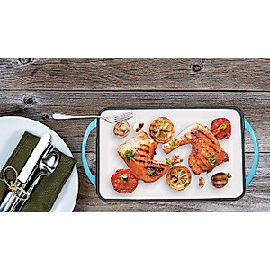 Enameled Cast-Iron Rectangular Grill Pan with Ridges, Oven Safe, Non-Stick Coating, Loop Handles, 9.5" x 13.5", Enameled Blue