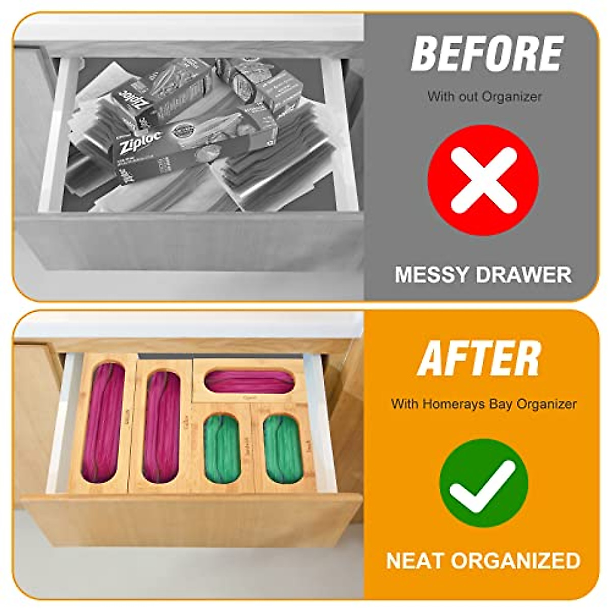 Bag Storage Organizer for Kitchen Drawer, Bamboo Organizer, Compatible with Ziplock Gallon, Quart, Sandwich and Snack Variety Size Bag (Parted)