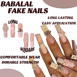 BABALAL Square Press on Nails Long Fake Nails White French Glue on Nails 3D Flower Bow rhinestone Acrylic Nails 24Pcs Glitter Shiny Planet Squoval Love Pink Heart Stick on Nails for Women and Girls