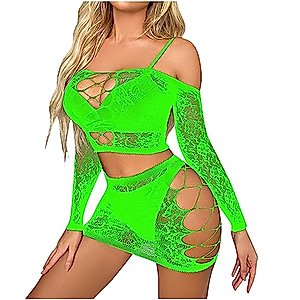 My Orders Lingerie for Women Stripper Outfit for Sex Naughty Sexy Lace Hollow Fishnet Teddy Babydoll 2 Piece Plus Size Exotic Bodysuit Green