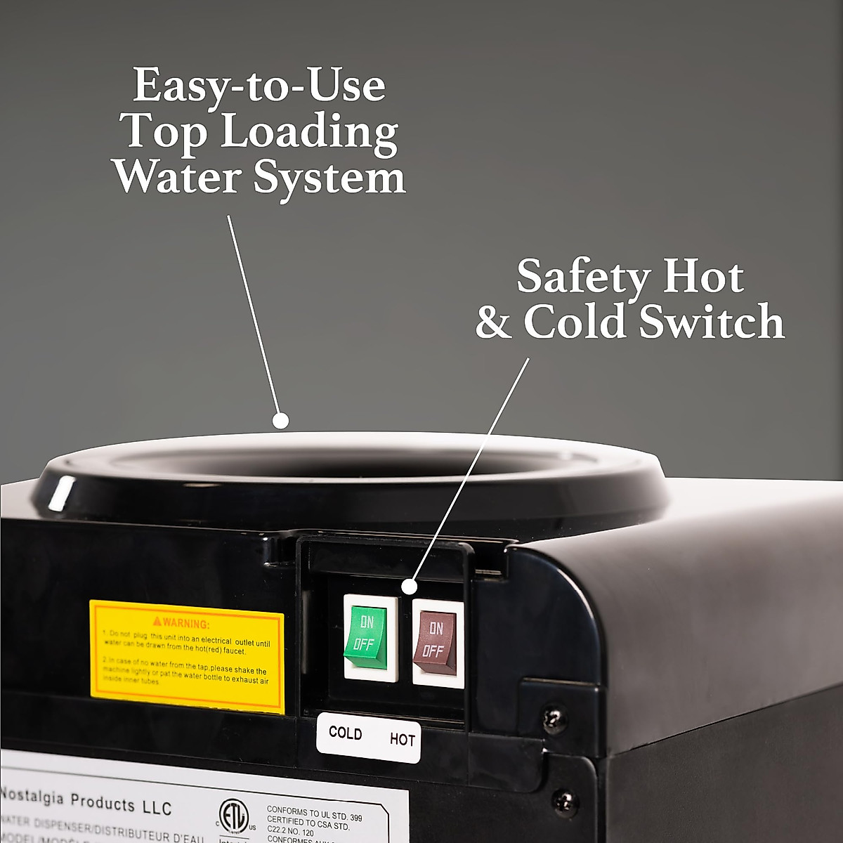 Igloo Top Loading Hot and Cold Water Dispenser - Water Cooler for 5 Gallon Bottles and 3 Gallon Bottles - Includes Child Safety Lock - Water Machine Perfect for Home, Office, & More - Black